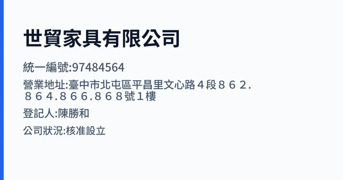 世貿家具有限公司 - 統編 97484564(臺中市) 公司登記資料與營業項目詳細圖表