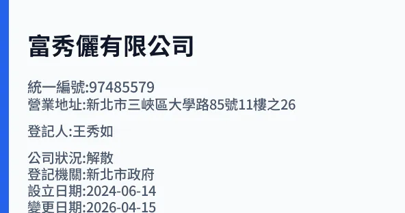 富秀儷有限公司的照片-統編 97485579(新北市) 公司登記資料與營業項目詳細圖表