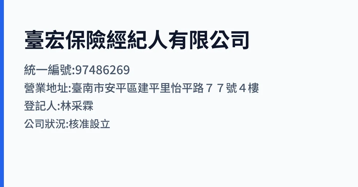 臺宏保險經紀人有限公司 - 統編 97486269(臺南市) 公司登記資料與營業項目詳細圖表