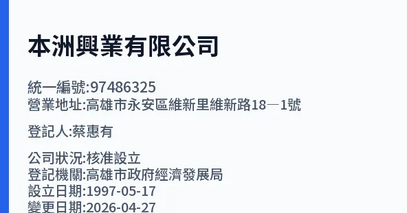 本洲興業有限公司的照片-統編 97486325(高雄市) 公司登記資料與營業項目詳細圖表
