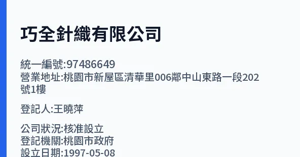 巧全針織有限公司的照片-統編 97486649(桃園市) 公司登記資料與營業項目詳細圖表