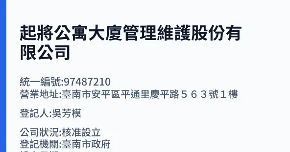 起將公寓大廈管理維護股份有限公司的照片-統編 97487210(臺南市) 公司登記資料與營業項目詳細圖表