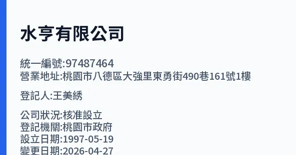 水亨有限公司的照片-統編 97487464(桃園市) 公司登記資料與營業項目詳細圖表
