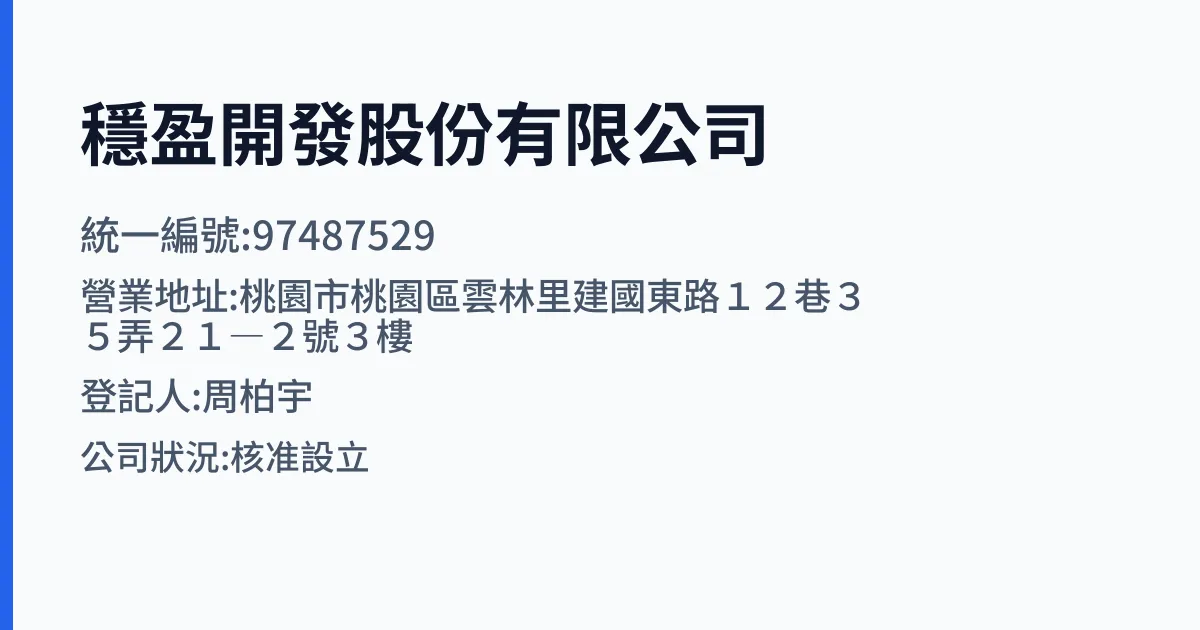 穩盈開發股份有限公司 - 統編 97487529(桃園市) 公司登記資料與營業項目詳細圖表