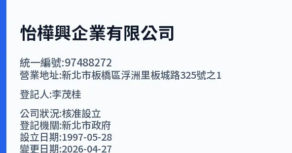 怡樺興企業有限公司的照片-統編 97488272(新北市) 公司登記資料與營業項目詳細圖表