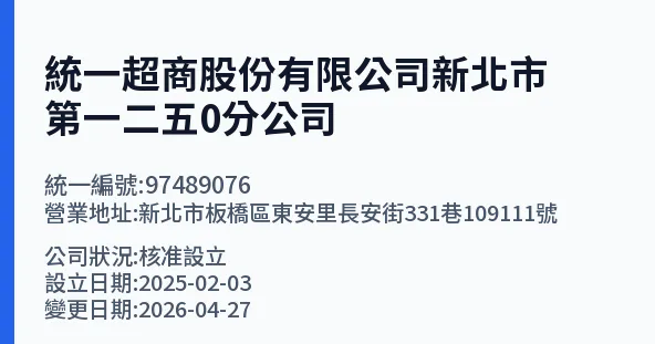統一超商股份有限公司新北市第一二五0分公司的照片-統編 97489076(新北市) 公司登記資料與營業項目詳細圖表