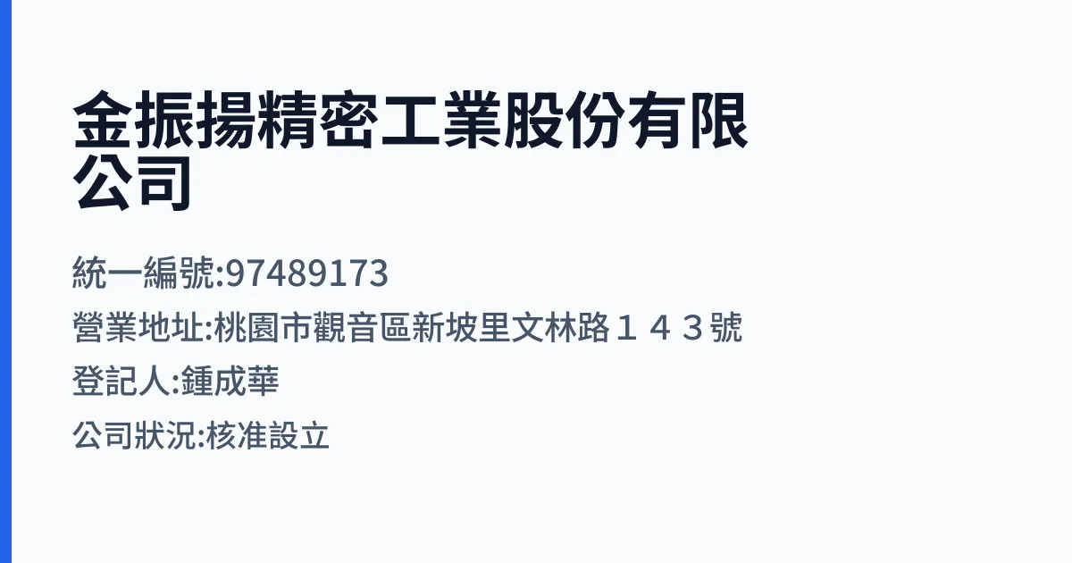 金振揚精密工業股份有限公司 - 統編 97489173(桃園市) 公司登記資料與營業項目詳細圖表