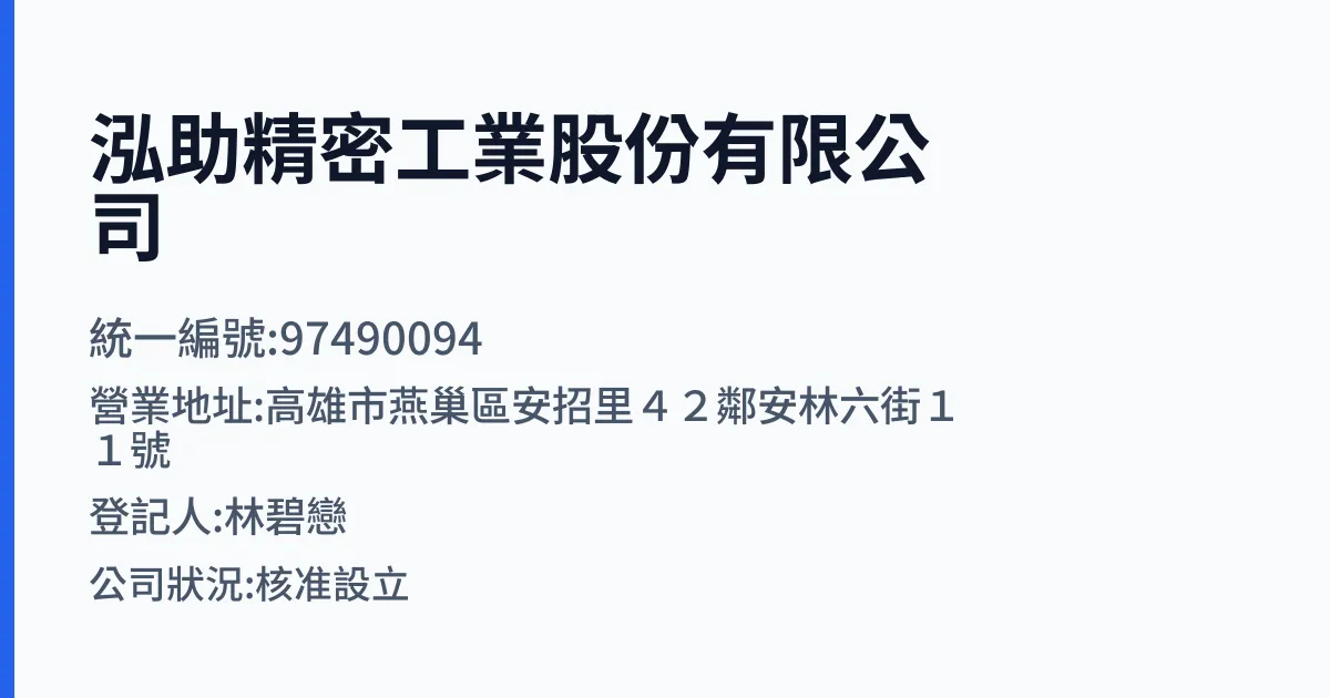 泓助精密工業股份有限公司 - 統編 97490094(高雄市) 公司登記資料與營業項目詳細圖表