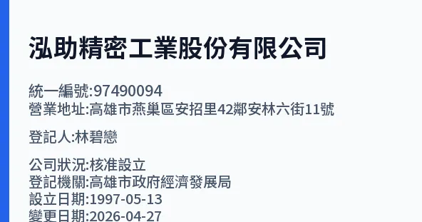泓助精密工業股份有限公司的照片-統編 97490094(高雄市) 公司登記資料與營業項目詳細圖表