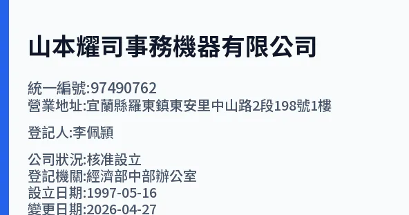 山本耀司事務機器有限公司的照片-統編 97490762(宜蘭縣) 公司登記資料與營業項目詳細圖表