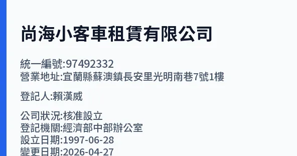 尚海小客車租賃有限公司的照片-統編 97492332(宜蘭縣) 公司登記資料與營業項目詳細圖表