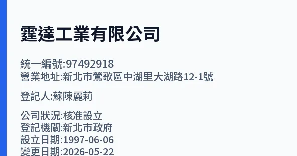 霆達工業有限公司的照片-統編 97492918(新北市) 公司登記資料與營業項目詳細圖表