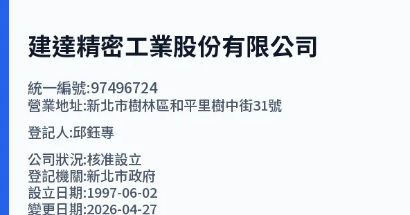 建達精密工業股份有限公司的照片-統編 97496724(新北市) 公司登記資料與營業項目詳細圖表
