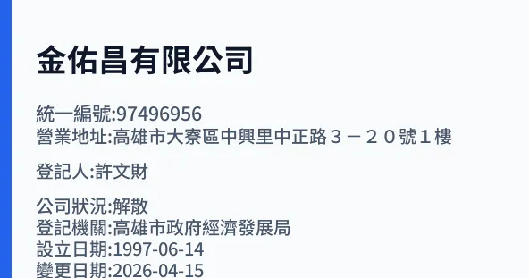 金佑昌有限公司的照片-統編 97496956(高雄市) 公司登記資料與營業項目詳細圖表