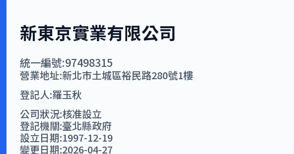新東京實業有限公司的照片-統編 97498315(新北市) 公司登記資料與營業項目詳細圖表