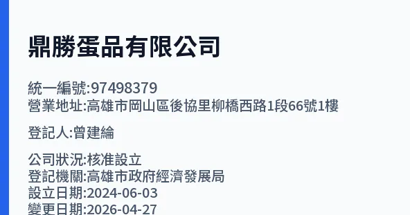 鼎勝蛋品有限公司的照片-統編 97498379(高雄市) 公司登記資料與營業項目詳細圖表