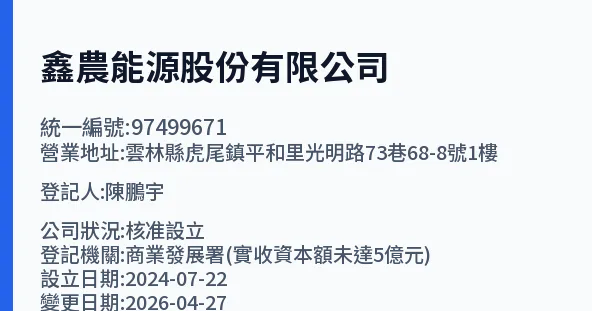 鑫農能源股份有限公司的照片-統編 97499671(雲林縣) 公司登記資料與營業項目詳細圖表