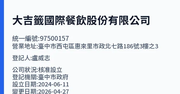 大吉籤國際餐飲股份有限公司的照片-統編 97500157(臺中市) 公司登記資料與營業項目詳細圖表