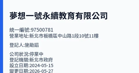 夢想一號永續教育有限公司的照片-統編 97500781(新北市) 公司登記資料與營業項目詳細圖表