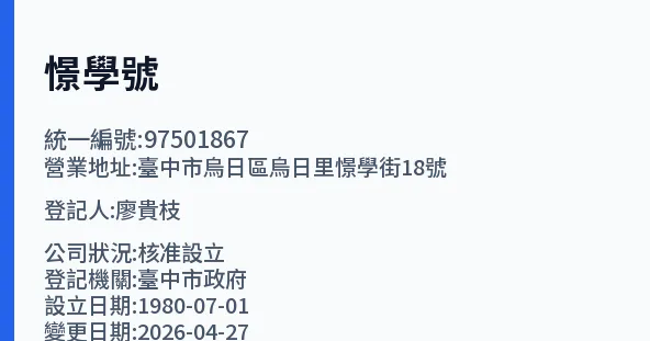 憬學號的照片-統編 97501867(臺中市) 公司登記資料與營業項目詳細圖表