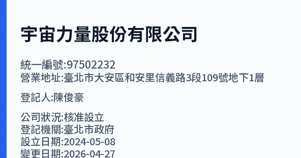 宇宙力量股份有限公司的照片-統編 97502232(臺北市) 公司登記資料與營業項目詳細圖表