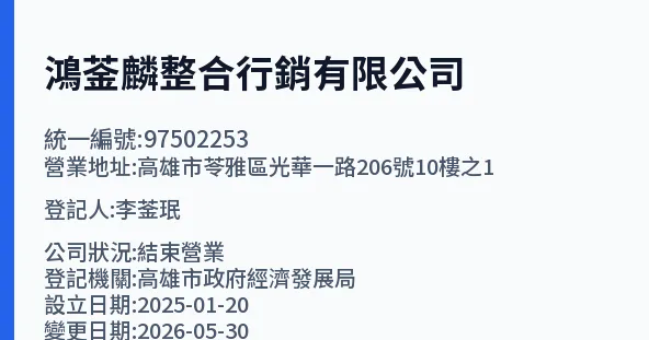 鴻菳麟整合行銷有限公司的照片-統編 97502253(高雄市) 公司登記資料與營業項目詳細圖表