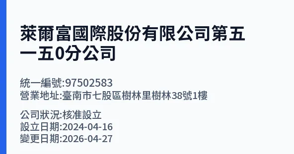 萊爾富國際股份有限公司第五一五0分公司的照片-統編 97502583(臺南市) 公司登記資料與營業項目詳細圖表