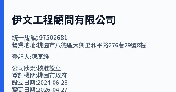 伊文工程顧問有限公司的照片-統編 97502681(桃園市) 公司登記資料與營業項目詳細圖表