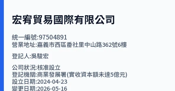 宏宥貿易國際有限公司的照片-統編 97504891(嘉義市) 公司登記資料與營業項目詳細圖表