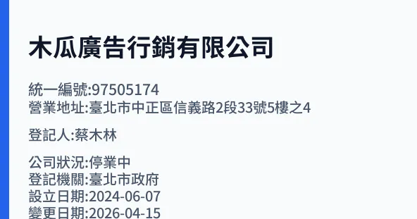木瓜廣告行銷有限公司的照片-統編 97505174(臺北市) 公司登記資料與營業項目詳細圖表