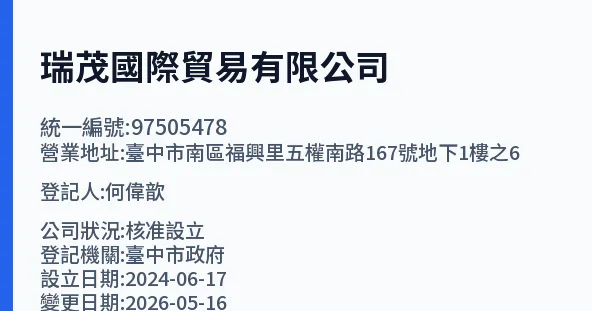 瑞茂國際貿易有限公司的照片-統編 97505478(臺中市) 公司登記資料與營業項目詳細圖表