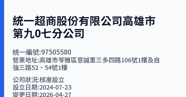 統一超商股份有限公司高雄市第九0七分公司的照片-統編 97505580(高雄市) 公司登記資料與營業項目詳細圖表