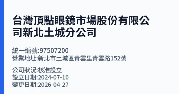 台灣頂點眼鏡市場股份有限公司新北土城分公司的照片-統編 97507200(新北市) 公司登記資料與營業項目詳細圖表