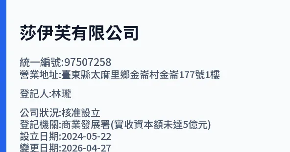莎伊芙有限公司的照片-統編 97507258(臺東縣) 公司登記資料與營業項目詳細圖表