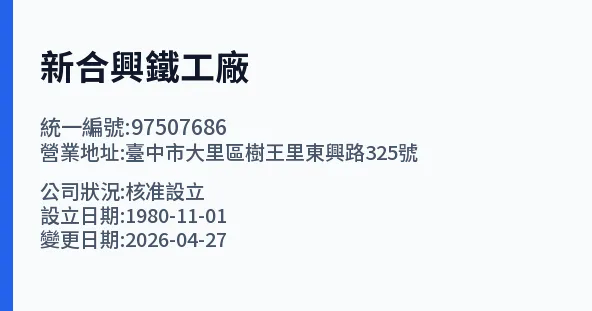 新合興鐵工廠的照片-統編 97507686(臺中市) 公司登記資料與營業項目詳細圖表
