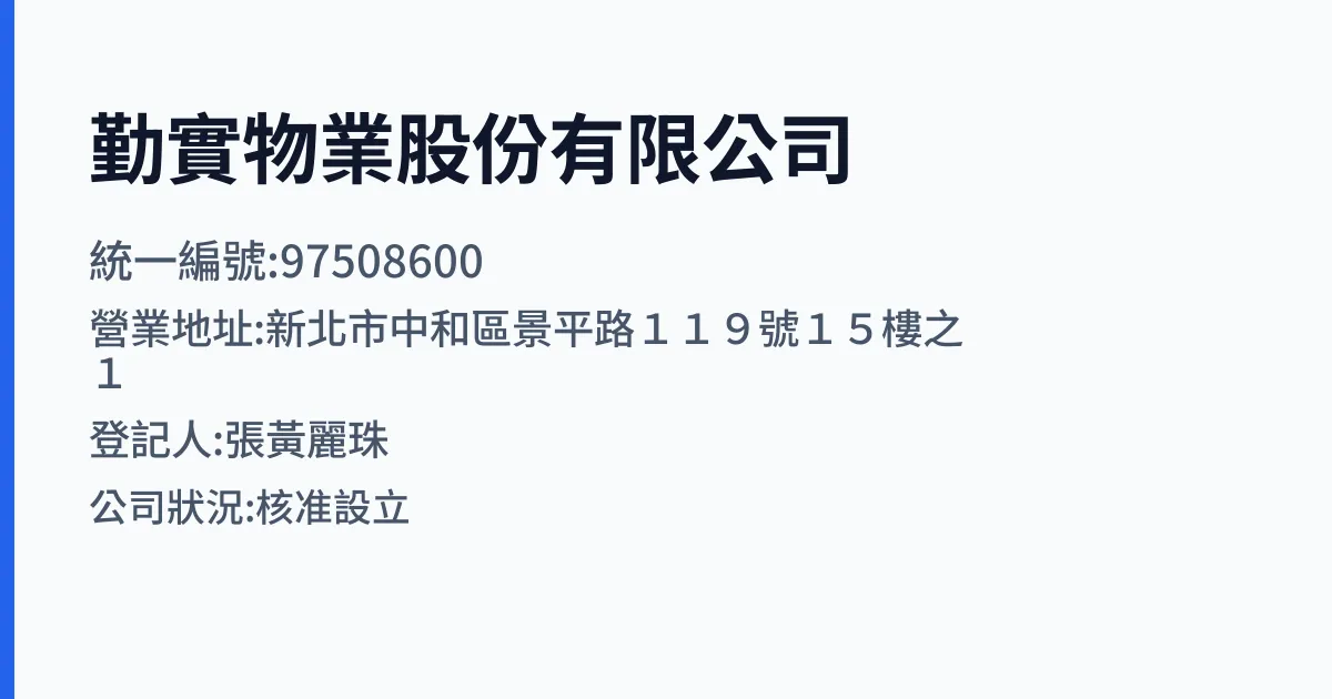 勤實物業股份有限公司 - 統編 97508600(新北市) 公司登記資料與營業項目詳細圖表
