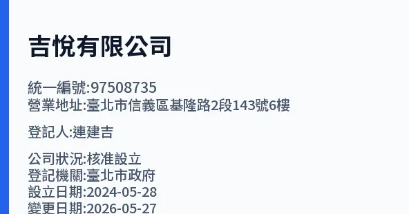 吉悅有限公司的照片-統編 97508735(臺北市) 公司登記資料與營業項目詳細圖表