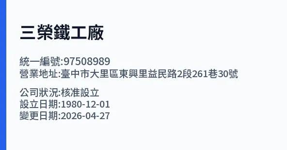 三榮鐵工廠的照片-統編 97508989(臺中市) 公司登記資料與營業項目詳細圖表