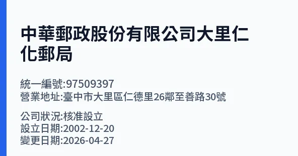 中華郵政股份有限公司大里仁化郵局的照片-統編 97509397(臺中市) 公司登記資料與營業項目詳細圖表