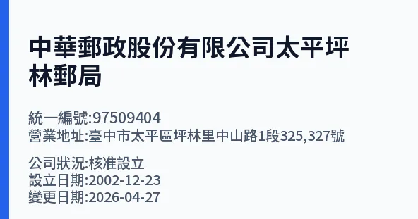 中華郵政股份有限公司太平坪林郵局的照片-統編 97509404(臺中市) 公司登記資料與營業項目詳細圖表