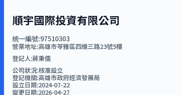 順宇國際投資有限公司的照片-統編 97510303(高雄市) 公司登記資料與營業項目詳細圖表