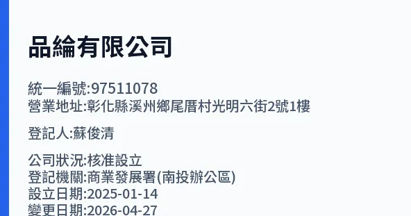 品綸有限公司的照片-統編 97511078(彰化縣) 公司登記資料與營業項目詳細圖表