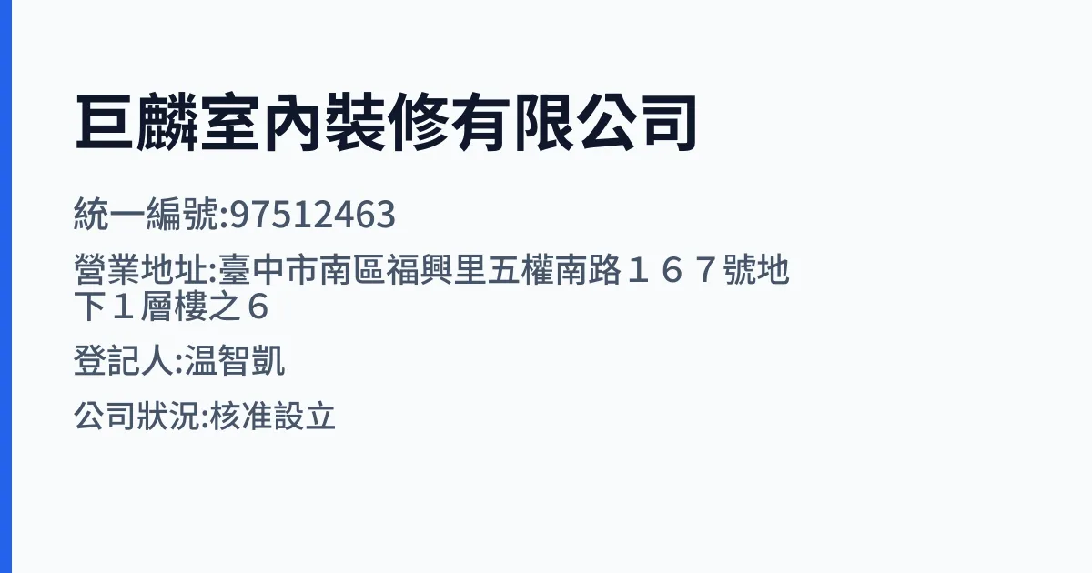 巨麟室內裝修有限公司 - 統編 97512463(臺中市) 公司登記資料與營業項目詳細圖表