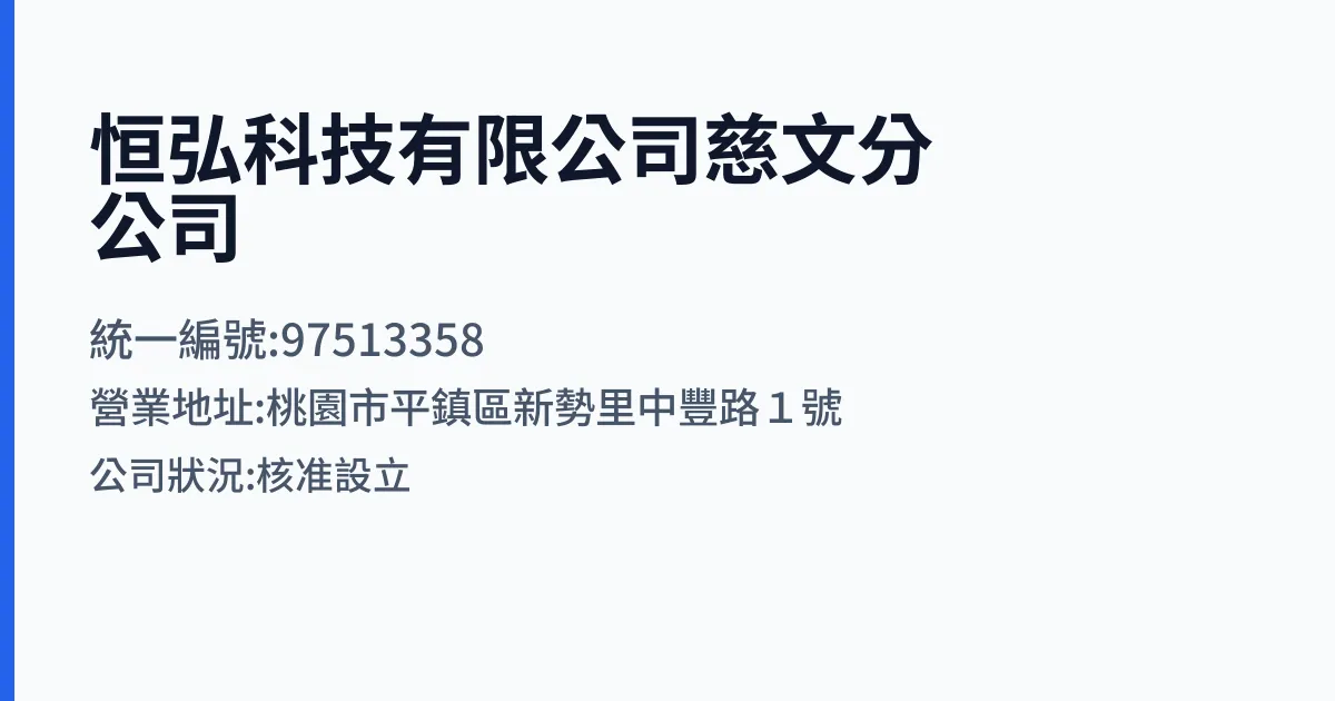 恒弘科技有限公司慈文分公司 - 統編 97513358(桃園市) 公司登記資料與營業項目詳細圖表