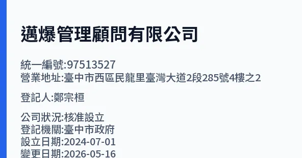 邁爆管理顧問有限公司的照片-統編 97513527(臺中市) 公司登記資料與營業項目詳細圖表