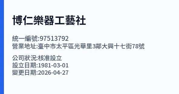 博仁樂器工藝社的照片-統編 97513792(臺中市) 公司登記資料與營業項目詳細圖表
