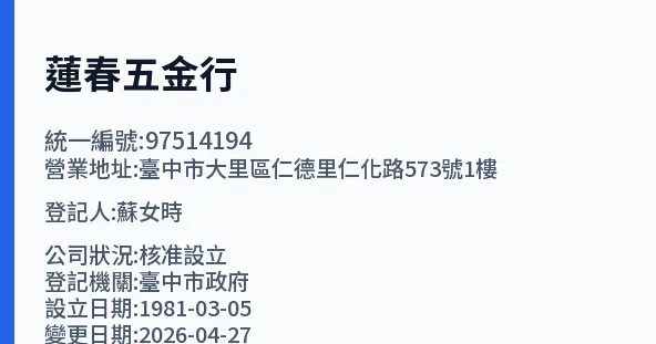 蓮春五金行的照片-統編 97514194(臺中市) 公司登記資料與營業項目詳細圖表