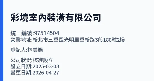 彩境室內裝潢有限公司的照片-統編 97514504(新北市) 公司登記資料與營業項目詳細圖表