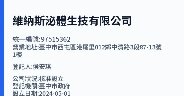 維納斯泌體生技有限公司的照片-統編 97515362(臺中市) 公司登記資料與營業項目詳細圖表