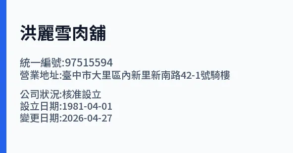 洪麗雪肉舖的照片-統編 97515594(臺中市) 公司登記資料與營業項目詳細圖表